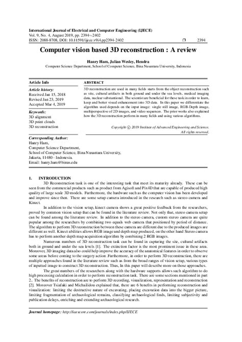 Pdf Computer Vision Based 3d Reconstruction A Review