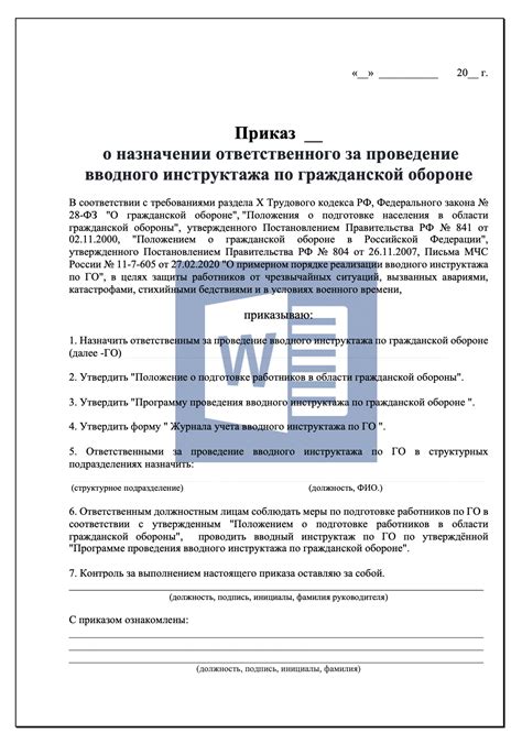 Приказ о назначении ответственного за проведение вводного инструктажа по гражданской обороне ГО