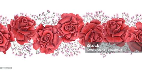 수채화 꽃 완벽 한 화환 피는 빨간 장미 머리 분홍색 Gypsophila 분기는 흰색 배경에 고립되어 있습니다 손으로 그린 꽃 패턴 결혼식 섬유 생일 장식 문구 개화기에