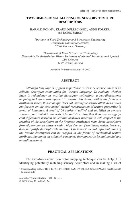 Pdf Two Dimensional Mapping Of Sensory Texture Descriptors
