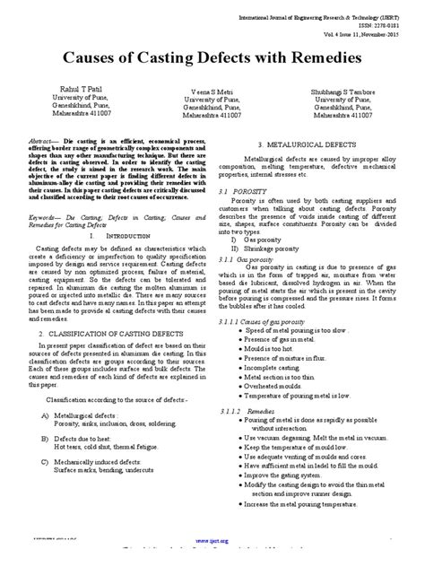Causes Of Casting Defects With Remedies Pdf Casting Metalworking Metals