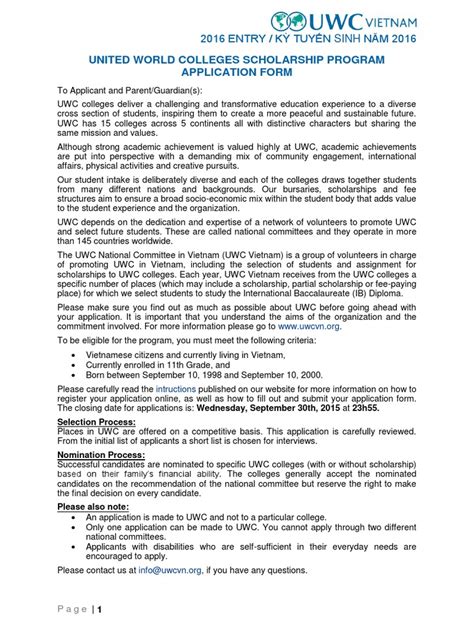 Uwc Vietnam Scholarship Application 2016 Pdf