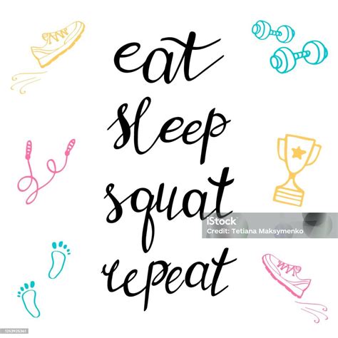 수면 스쿼트 반복 필기 글자를 먹는다 건강한 라이프 스타일과 피트니스 동기 부여 문구와 배너 템플릿의 벡터 그림 매일 스포츠 활동 0명에 대한 스톡 벡터 아트 및 기타