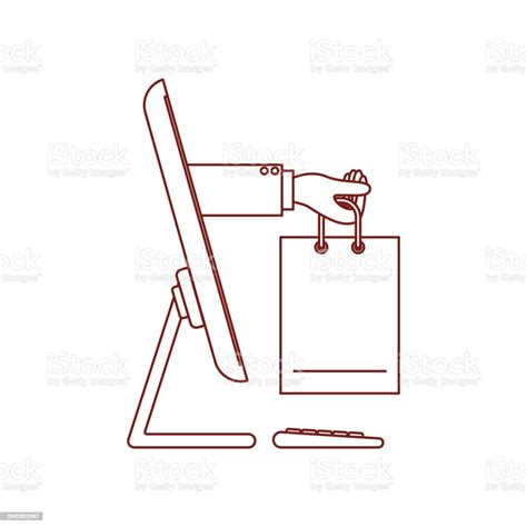 데스크톱 컴퓨터와 어두운 빨간색 윤곽선에서 온라인 구매의 쇼핑 가방을 들고 손을 가방에 대한 스톡 벡터 아트 및 기타 이미지 가방 고름 교육 Istock