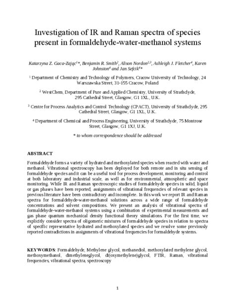 Pdf Investigation Of Ir And Raman Spectra Of Species Present In Formaldehyde Water Methanol