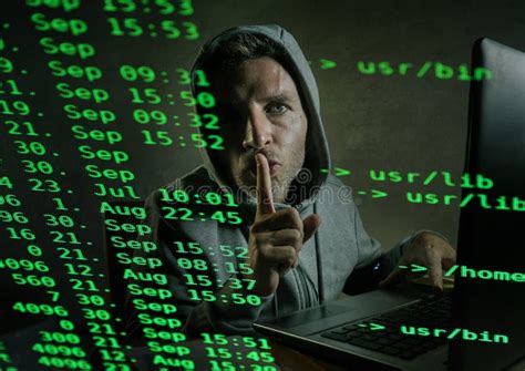 Computer Programmer Man In Hoodie Hacking System Entering Code Typing On Laptop Hacking And
