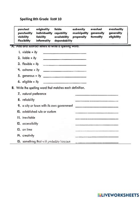 Spelling List 10 8th Grade Online Exercise For Worksheets Library