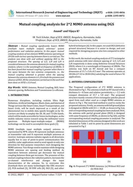 Mutual Coupling Analysis For 22 Mimo Antenna Using Dgs Pdf
