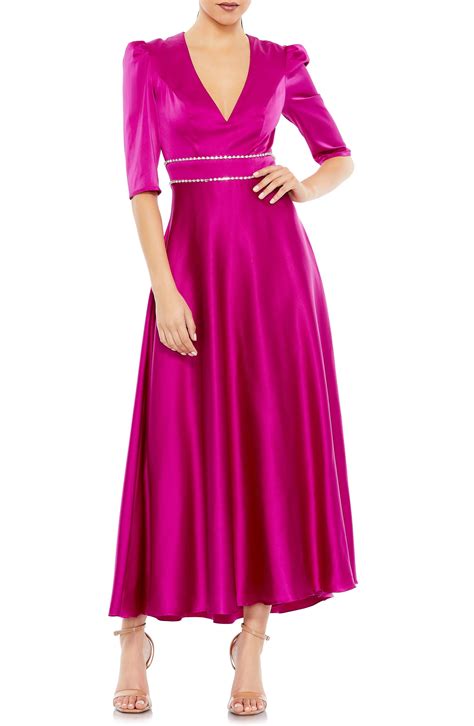 Mac Duggal Beaded Satin Empire Waist Cocktail Dress In Pink Lyst