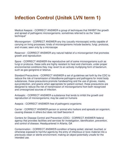 Infection Control Unitek Lvn Term 1 Questions And Answers 100 Solved
