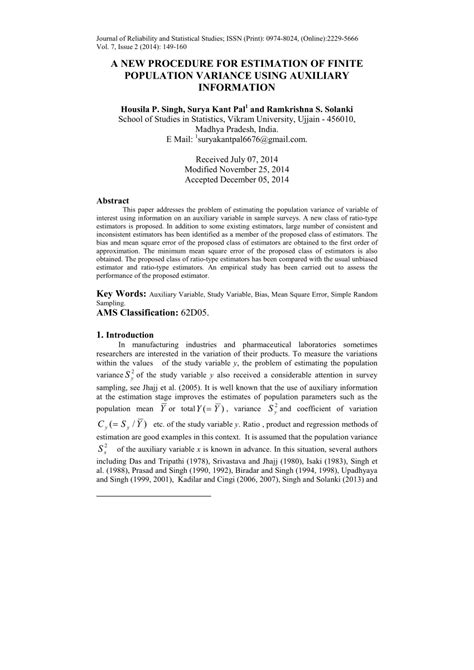 Pdf Improved Estimation Of Finite Population Variance Using Auxiliary Information
