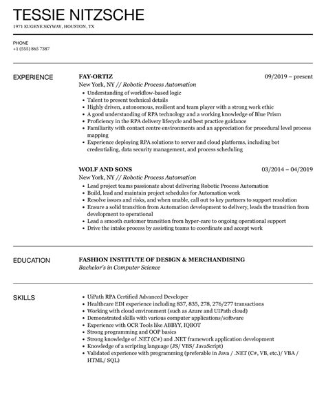 Robotic Process Automation Resume Samples Velvet Jobs