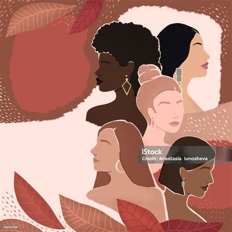 가을에 서로 다른 민족 집단의 여성들 현대적인 평면 일러스트레이션 낙엽과 패턴 텍스트 및 로고를 위한 공간입니다 포스터 배너