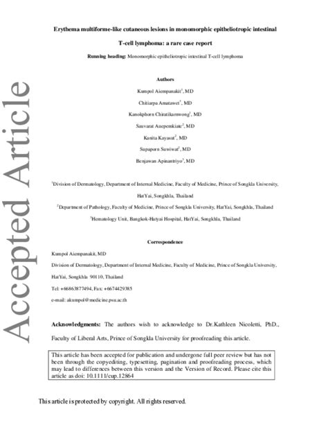Pdf Erythema Multiforme Like Cutaneous Lesions In Monomorphic Epitheliotropic Intestinal T