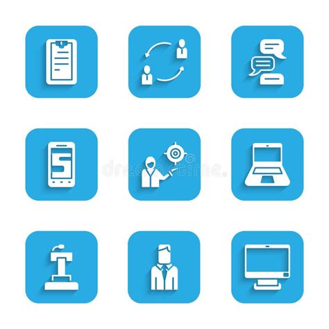 Set Marketing Target Strategy Worker Computer Monitor Laptop Stage Stand Tribune Chat