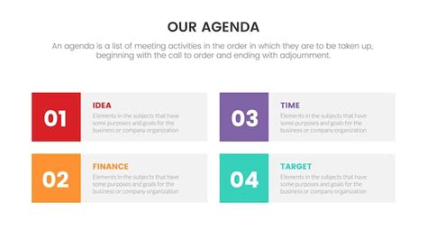 4포인트 목록 및 정사각형 모양이 있는 슬라이드 프레젠테이션을 위한 의제 인포그래픽 개념 프리미엄 벡터