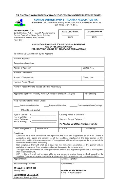 Cbp Application Form For Permit Delivery And Hauling Pls Photocopy For Distribution To Each