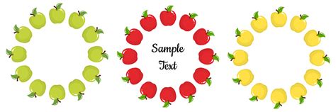 텍스트 공간이있는 빨간색 녹색 및 노란색 사과 과일의 화환 세트입니다 만화 유기농 달콤한 음식입니다 건강한 라이프 스타일을위한 여름 과일 모든 디자인에 대한 벡터 그림입니다