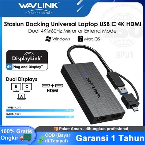 Jual Wavlink Usb 3 1 Usb C To Dual Hdmi Adapter Displaylink Dual 4k 60hz Untuk Monitor Hub