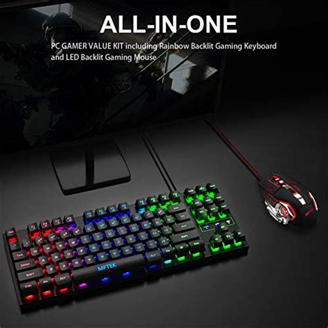 Mftek Rgb Rainbow Gaming Keyboard And Mouse Combo Compact 87 Keys Backlit Computer Keyboard