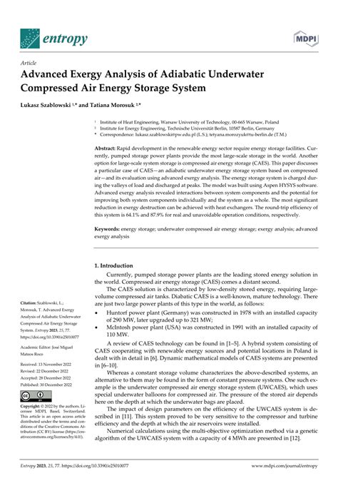Pdf Advanced Exergy Analysis Of Adiabatic Underwater Compressed Air