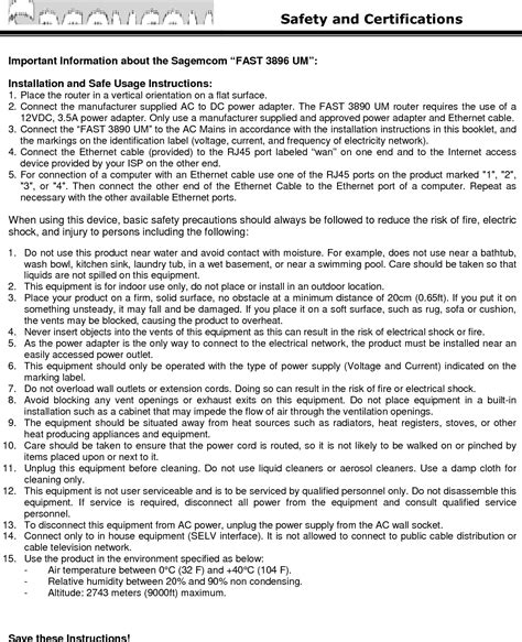 Sagemcom Broands Fast3896 Cable Gateway User Manual Fast3896 Um Safety
