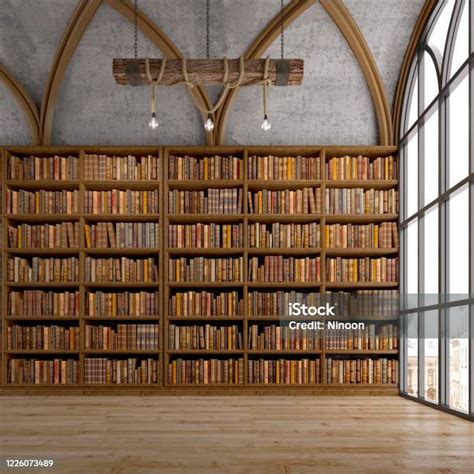 아치형 창문과 천장 램프가있는 도서관의 오래된 책장 클래식 스타일3d 렌더링 도서관에 대한 스톡 사진 및 기타 이미지 도서관 과거 오래된 Istock