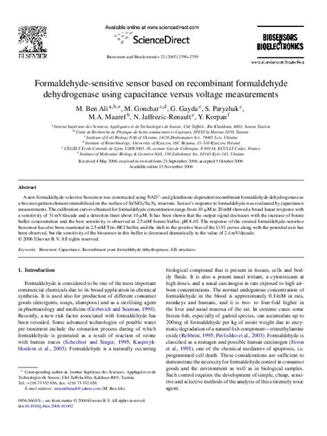 Pdf Formaldehyde Sensitive Sensor Based On Recombinant Formaldehyde