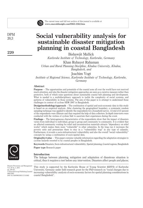 Pdf Social Vulnerability Analysis For Sustainable Disaster Mitigation Planning In Coastal