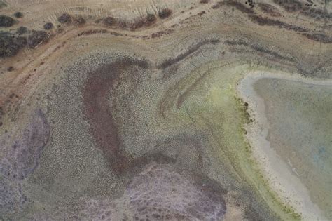 부분적으로 건조한 호수 침대의 공중 보기 건조하고 금이 간 지구 가뭄 텍스처 부가즈 호수 크림 러시아 겨울 시골 풍경 희귀 식물 강에 대한 스톡 사진 및 기타 이미지