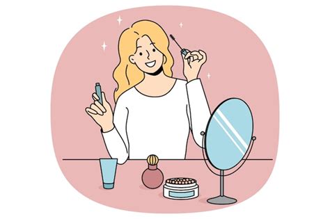 거울을 보고 화장을 하는 웃는 소녀 프리미엄 벡터