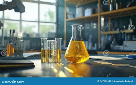 Glassware In A Chemistry Lab Displaying Various Liquid Formulas Within