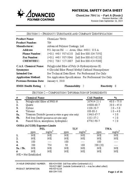 Safety Data Sheet For Chemline 78431 Part A Resin Pdf