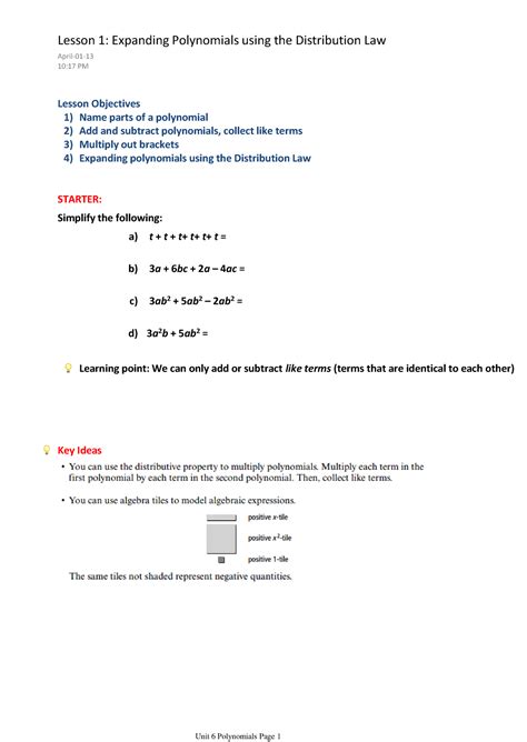 Unit 6 Lesson 1 Expanding Polynomials Using The Distribution Law 1 Name Parts Of A Polynomial