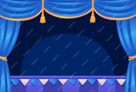만화 극장 무대 파란색 커튼이 있는 빈 극장 장면 클립 아트 브로드웨이 공연 서커스 쇼 오페라 콘서트 또는 카지노 어두운 홀
