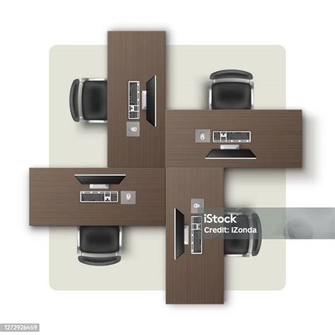 서로 다른 직사각형 테이블 책상 검은 의자와 컴퓨터 모니터 키워드 마우스 상단 보기 흰색 배경에 격리 벡터 사무실 룸 수집에