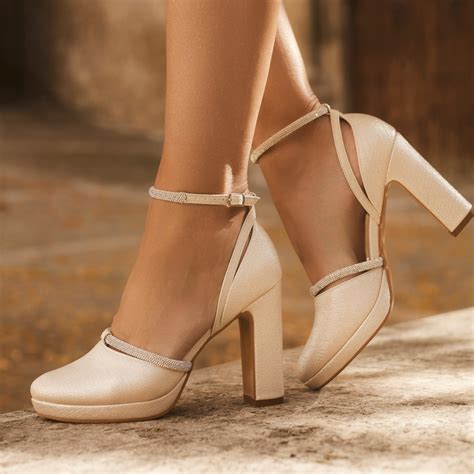 Mary Champagne Shimmer And Diamante Block Heel Ankle Strap Shoes