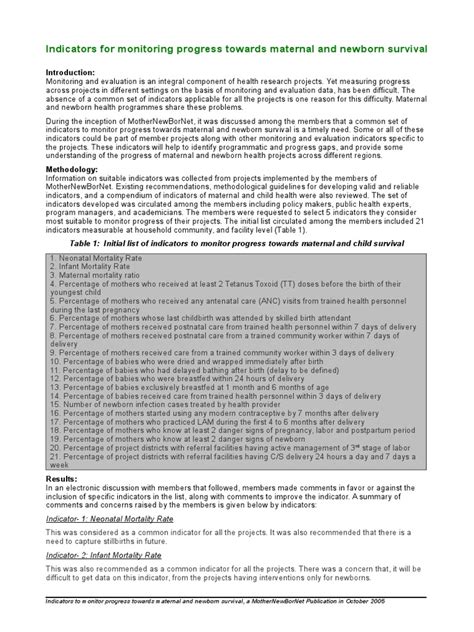 Indicators Towards Monitoring Progress Towards Maternal And Newborn Survival Revised Pdf