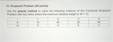 Solved Iv Knapsack Problem 20 Points Use The Greedy