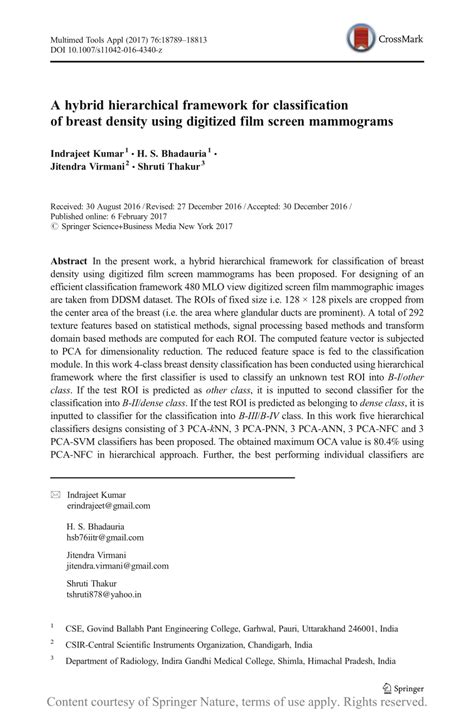 A Hybrid Hierarchical Framework For Classification Of Breast Density Using Digitized Film Screen