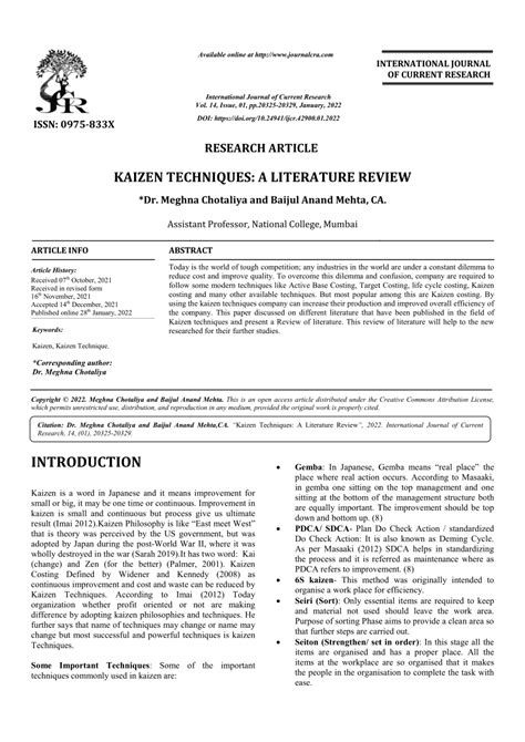 Pdf Research Paper Kaizen Techniques Literature Review