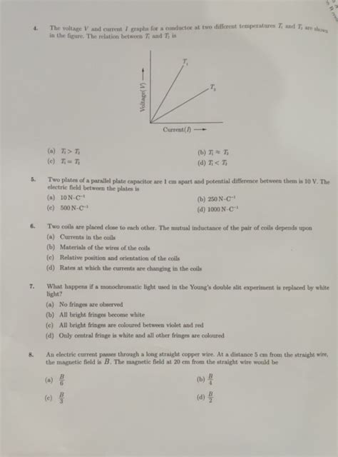 The Voltage V And Current I Graphs For A Conductor At Two Different Tempe