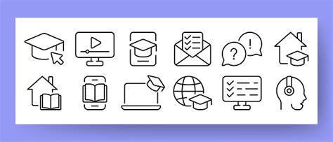 원격 학습 세트 아이콘입니다 학계 온라인 회의 전화 컴퓨터 이메일 체크리스트 집 디지털 북 전세계 학생 헤드폰 교육 개념 광고의 벡터 선 아이콘 가상현실에 대한 스톡 벡터