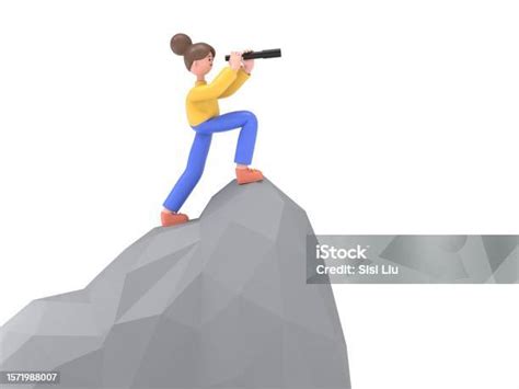 높은 산에서 망원경을 통해 보고 있는 아시아 여성 안젤라의 3d 그림 작품은 야망 비전 미래 발견을 묘사3d 흰색 배경에 렌더링합니다 가장자리에 대한 스톡 사진 및 기타