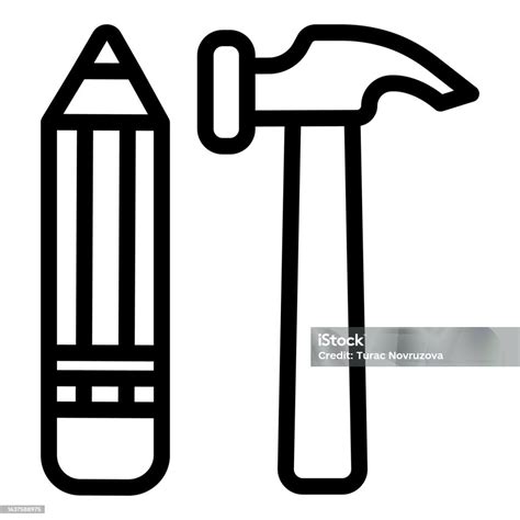 망치와 연필 선 아이콘입니다 건축 및 예술 도구 손톱 및 그림 항목 기호 흰색 배경에 윤곽선 스타일 픽토그램 모바일 웹 디자인을 위한 구성 벡터 그래픽 건설 산업에 대한