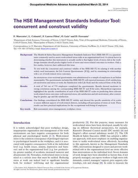 Pdf The Hse Management Standards Indicator Tool Concurrent And Construct Validity