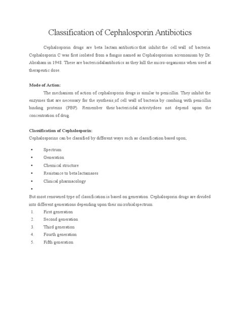 Classification Of Cephalosporin Antibiotics Doc Antibiotics Microbiology