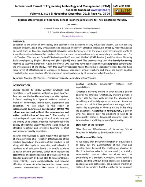 Pdf Teacher Effectiveness Of Secondary School Teachers In Relations To Their Emotional Maturity
