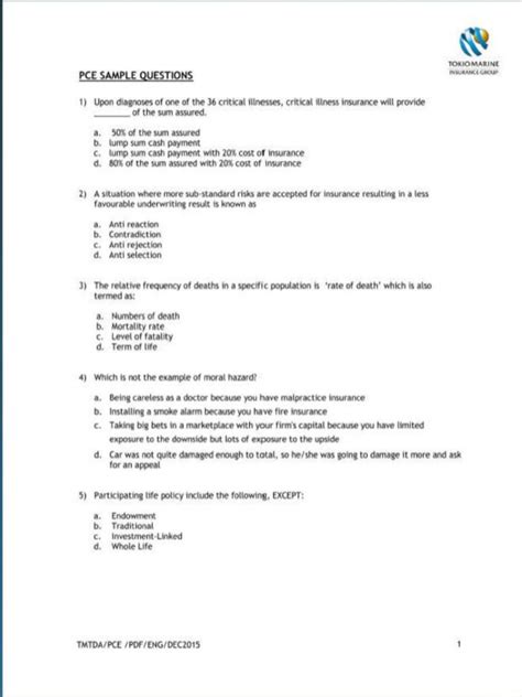 Tokiomarine Pceia Sample Question Sets Pdf Insurance Life Insurance