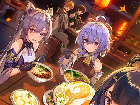 Genshin Impact Girls Group Party At A Restaurant 2k Wallpaper Download